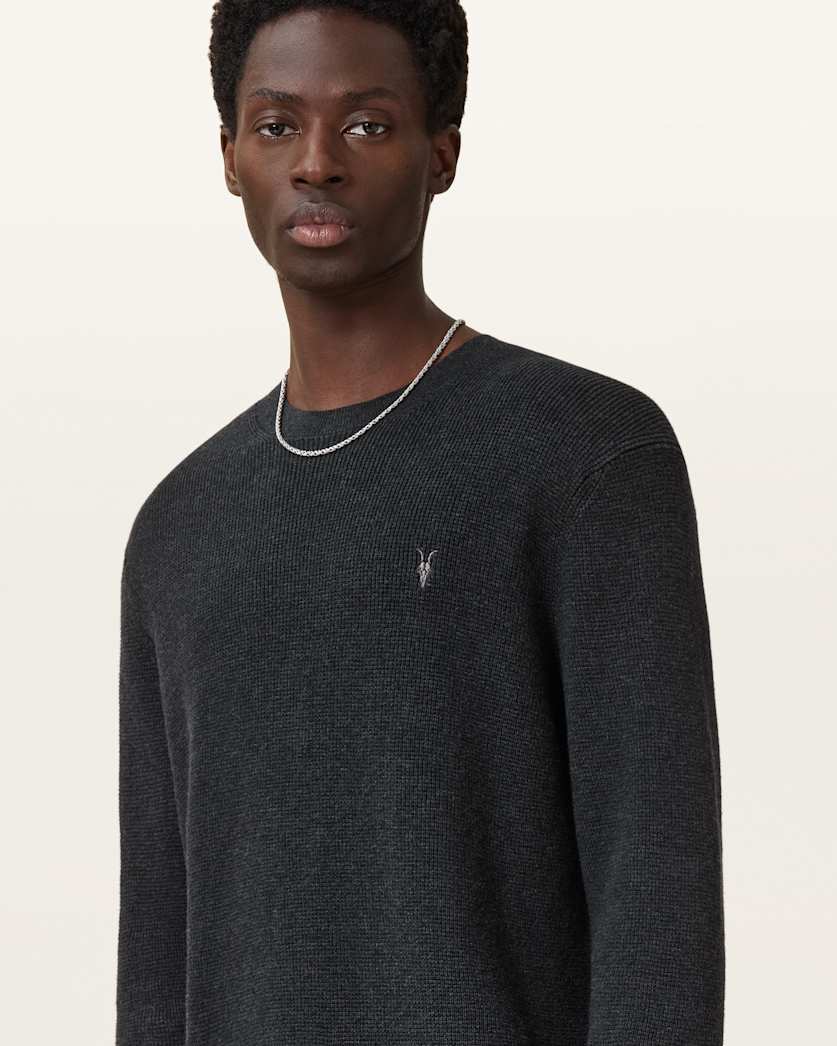 Aspen Waffle Texture Crew Neck Ramskull Jumper Cinder Black | ALLSAINTS